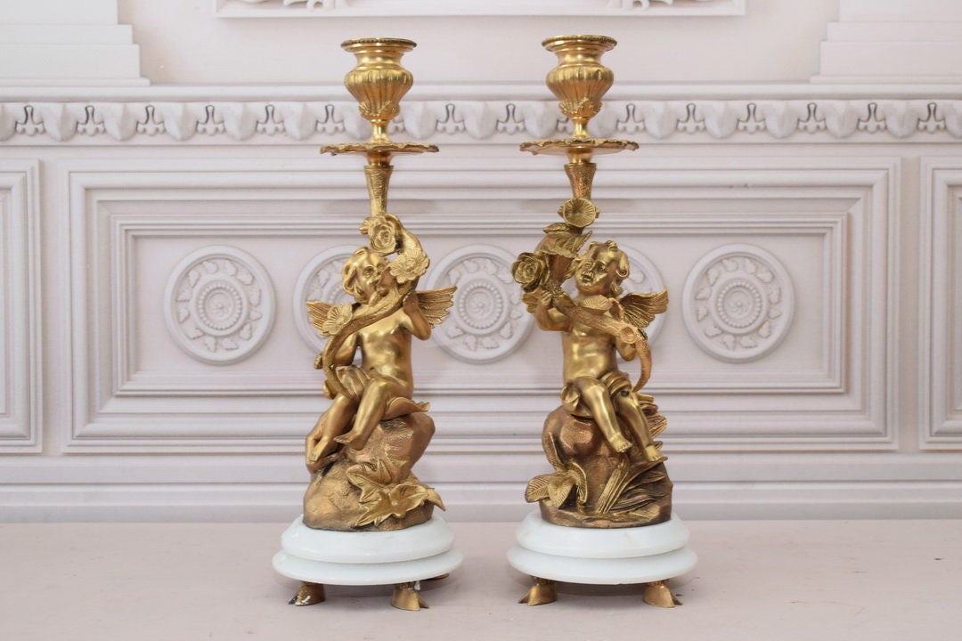 Pair Set Candlesticks Granite and Bronze - Angel Candlestick ...