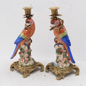 Art Deco Parrot Candlesticks: Porcelain With Bronze Ornaments, Pair - Etsy