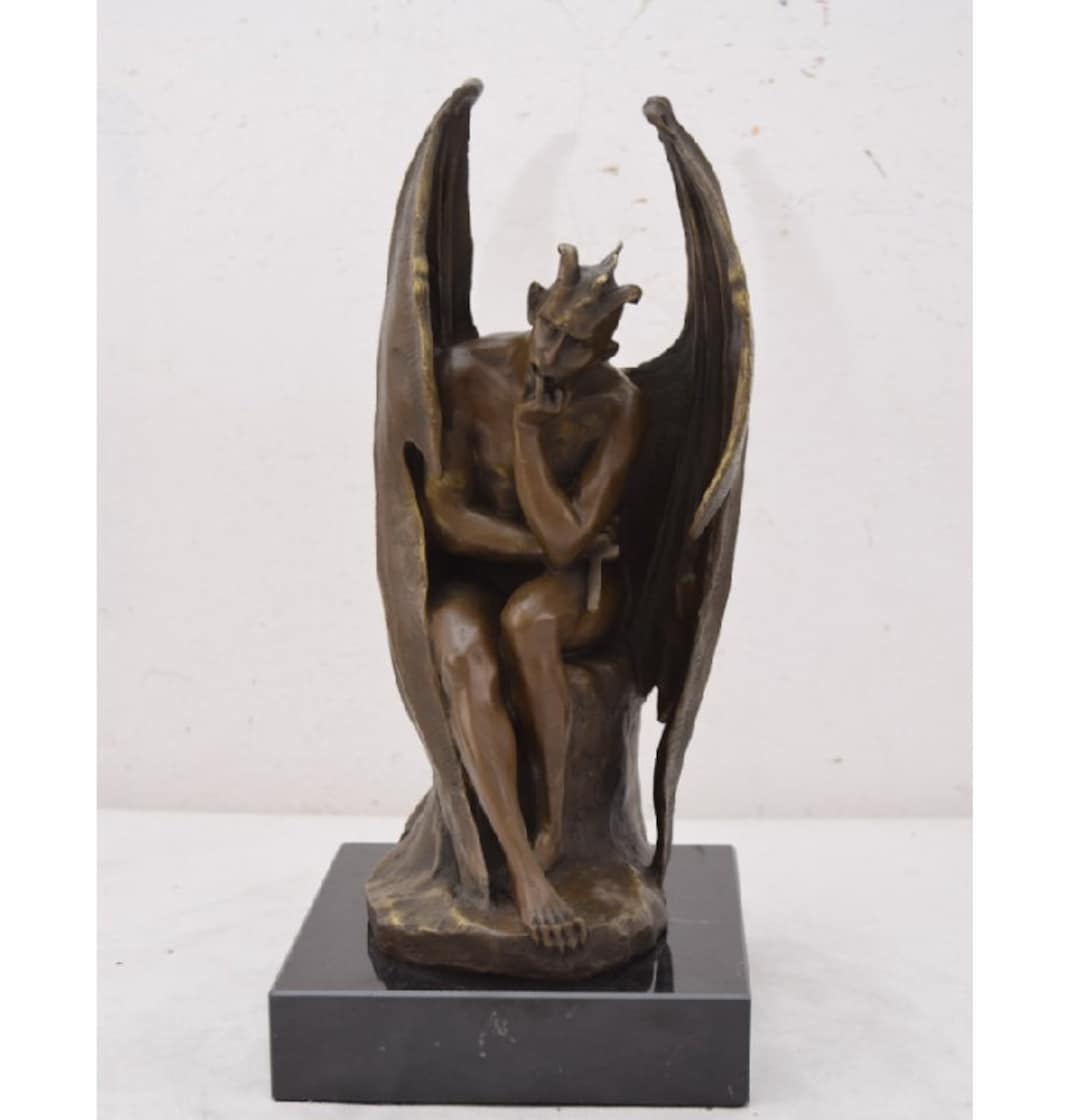 Pensive Devil Satan Winged Lucifer Bronze Sculpture Figure Sculpture ...