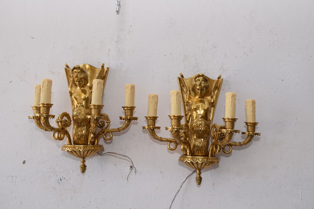 Two Bronze Empire Wall Sconces - Bronze Winged Nymphs - Empire Pair ...