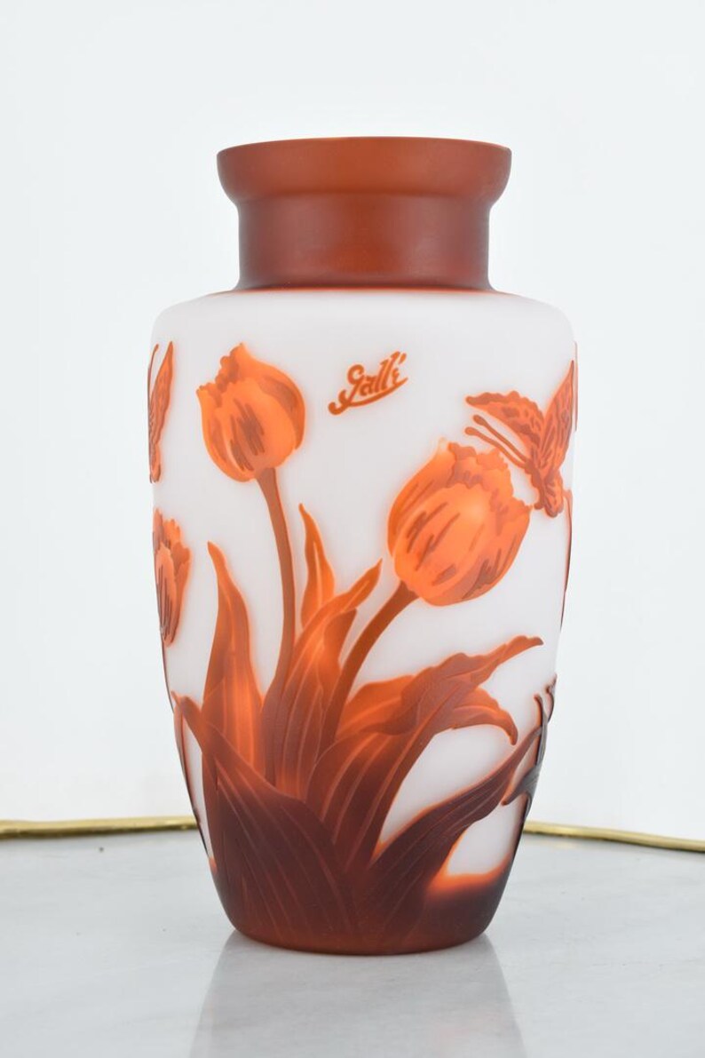 Orange Glass Flower Vase: Emile Galle Style Pheasants Design - Etsy