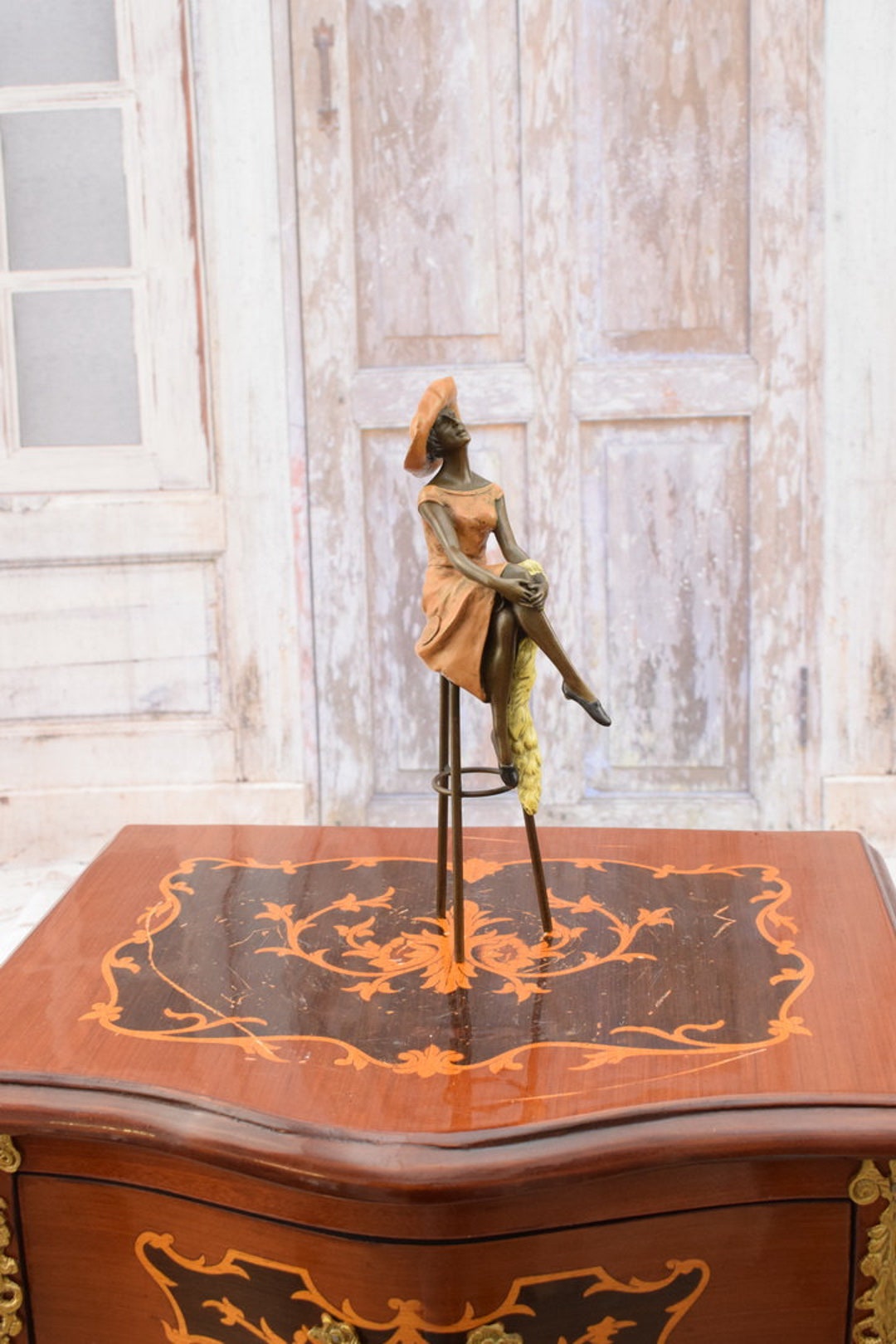 Woman in Dress on Chair Bronze Statue - Realistic Art Deco Figurine ...