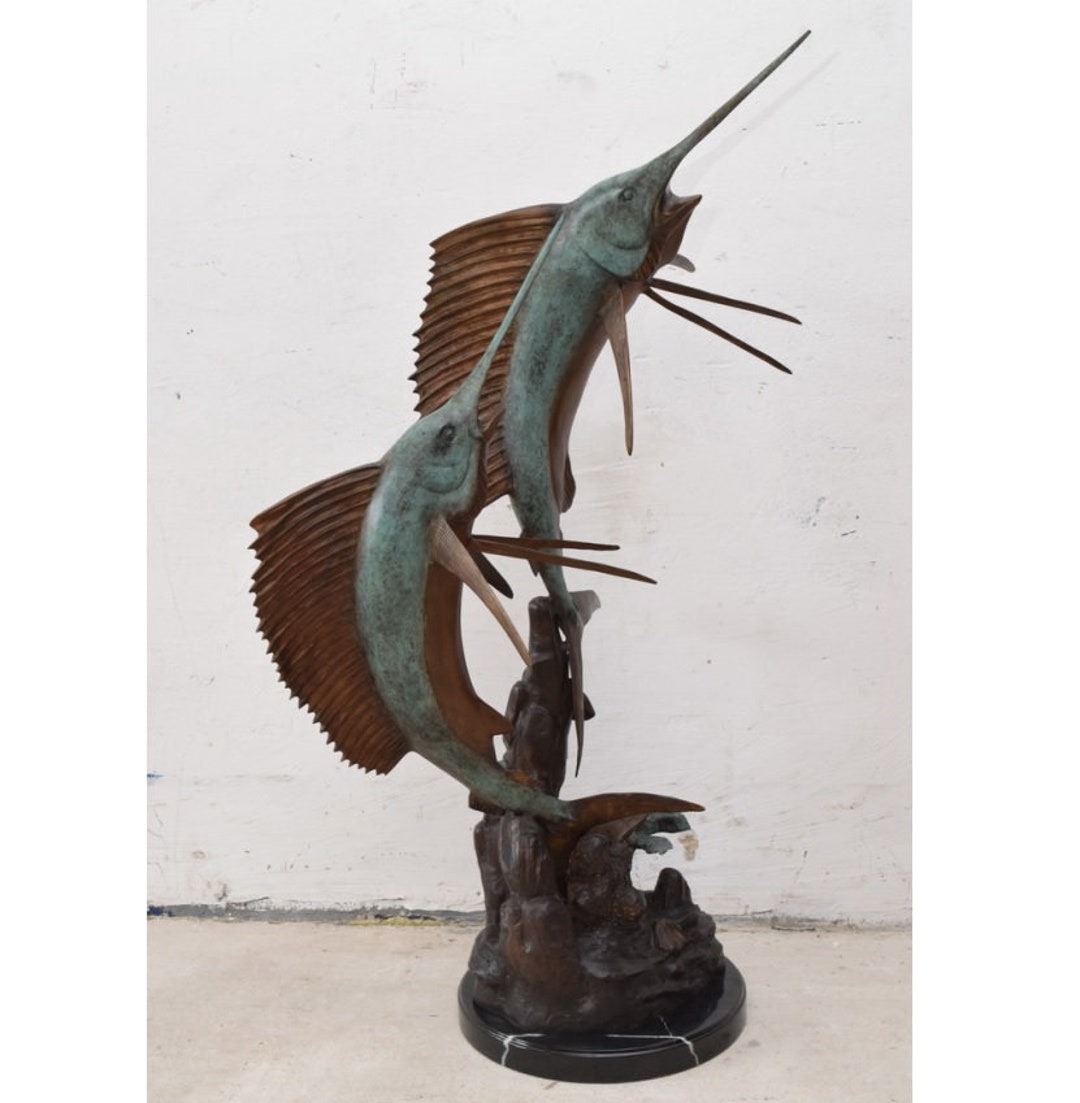 Blue Patina Bronze Fishes - Marlin Bronze Statue - Art Work Painted ...