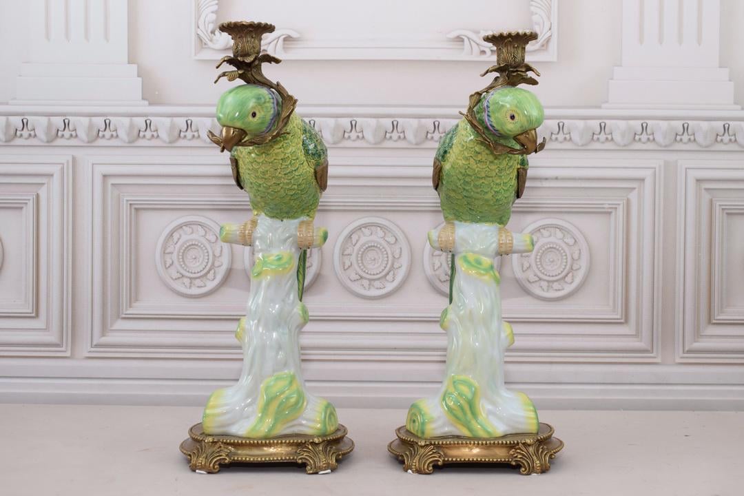 Porcelain Parrot Candlesticks With Bronze Ornaments - Home Decor, Pair ...