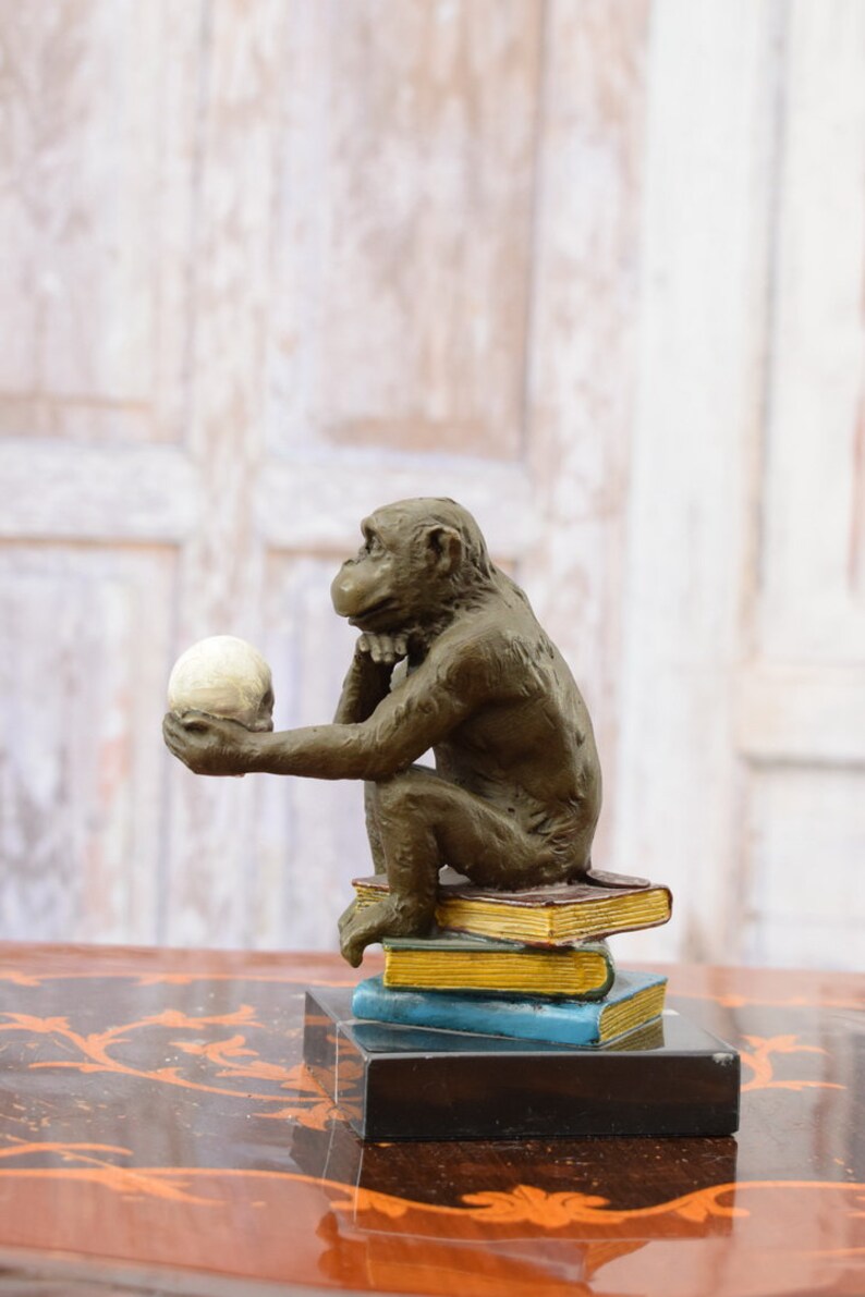 Darwin Thinker Monkey Bronze Sculpture: Skull Head Figurine, Painted ...
