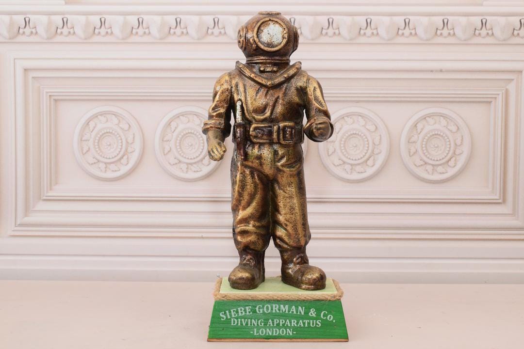 Cast Iron Diving Statue on Wooden Base - Siebe Gorman Diving Apparatus ...