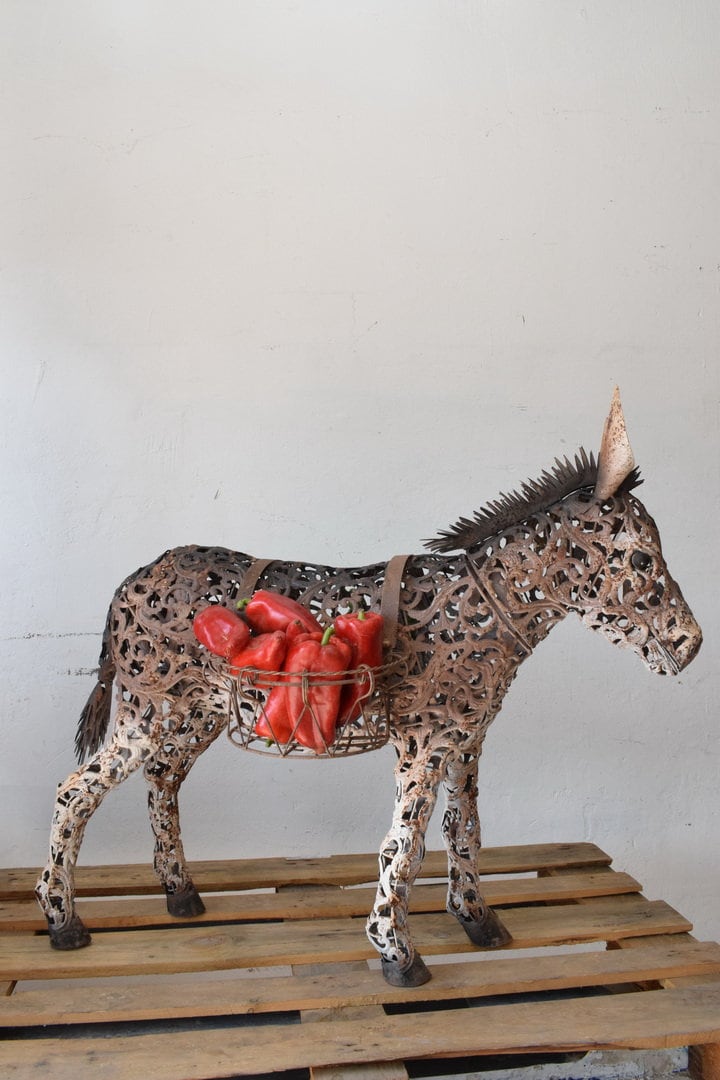 Big Iron Funny Donkey Figure - Donkey With Two Baskets Nice Big Iron Funny Donkey Figure - Donkey With Two Baskets Nice