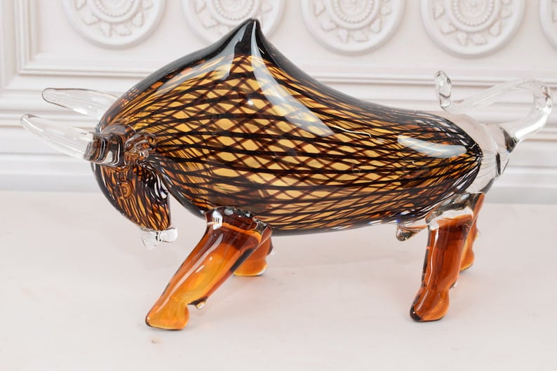 Big Handcrafted Murano Glass Bull Statue - Brown Bull Sculpture ...