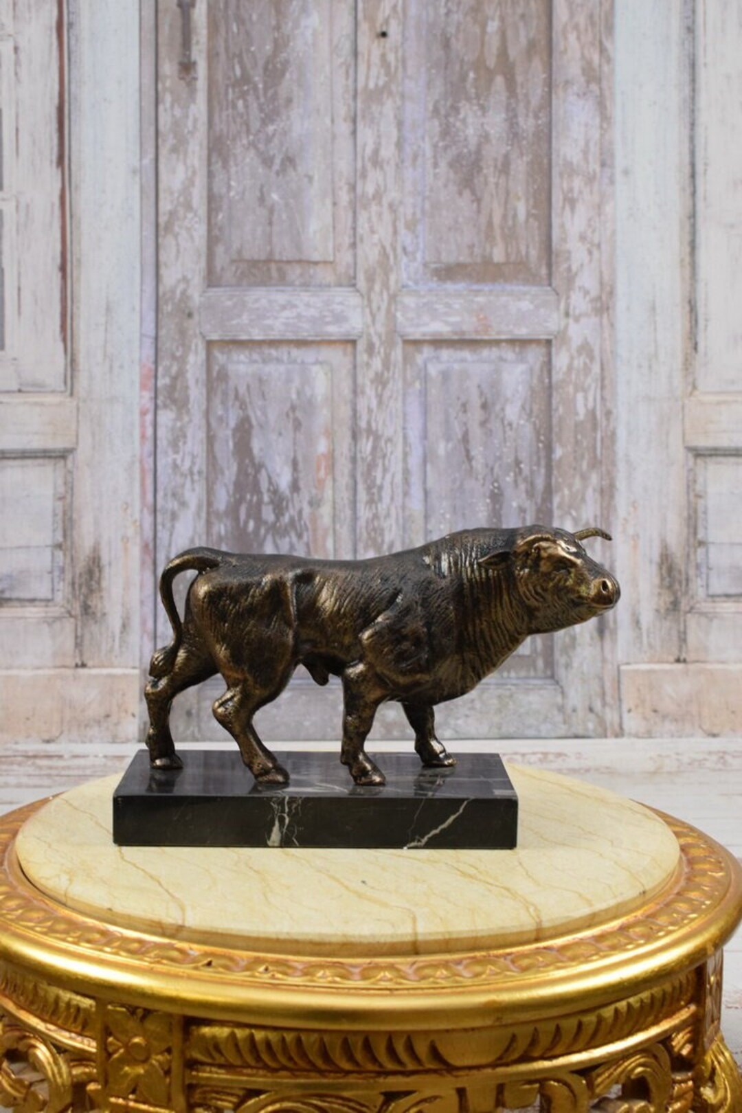 Large and Heavy Cast Iron Bull Statue - Corrida Bull on Marble Base ...