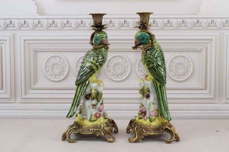 Porcelain Parrot Candlesticks: Bronze Regency Boho Decor Pair - Etsy