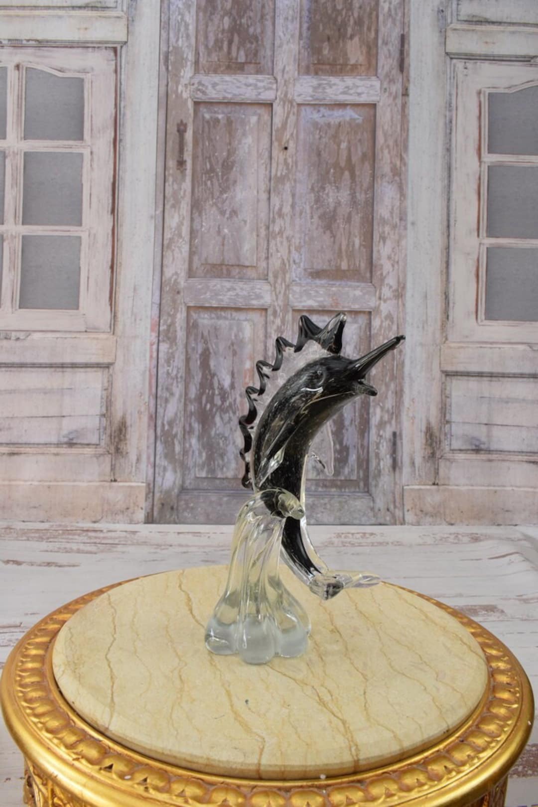 Murano Style Swordfish Statue: Black Glass Fish on Wave, Italian Decor ...