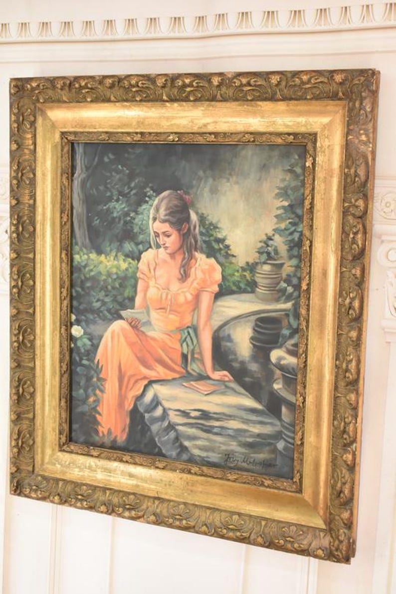 Antique Woman Reading Oil Painting – Art Nouveau Framed Wall Art – 100 ...