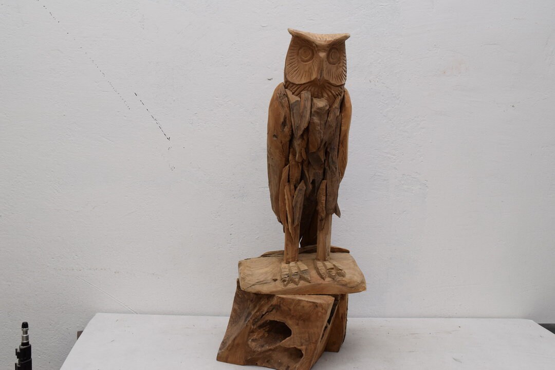 Large Modernist Teak Wood Owl Statue Figurine Art Deco Gift Idea for ...