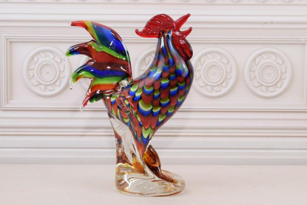 Amazing Colorful Rooster Glass Figurine - Rooster Murano Style - Glass ...
