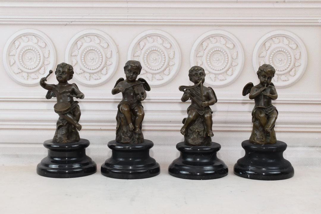 Four Bronze Playing Cherubs Statues on Marble Base - Elegant Antique ...