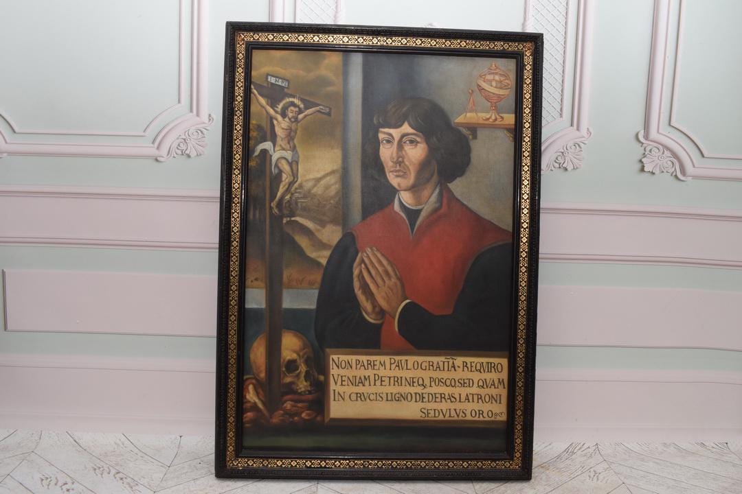 Antique Nicolaus Copernicus Portrait: 1926 Oil Painting With Black and ...
