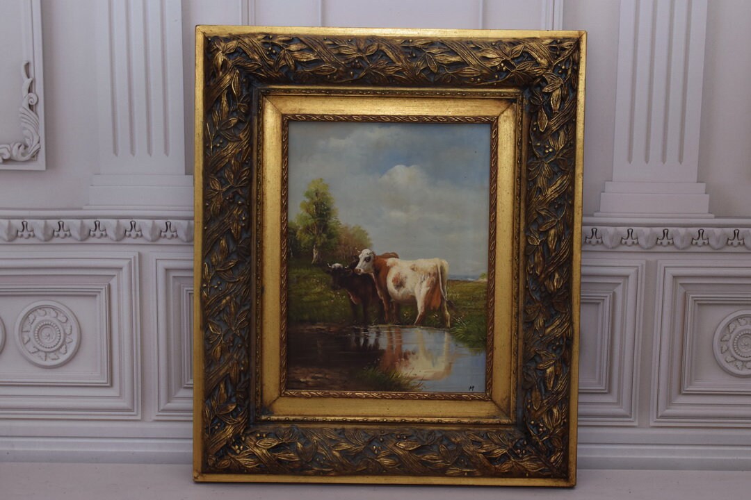 Vintage Painting Cows in the Pasture - Gold Frame - French Landscape ...