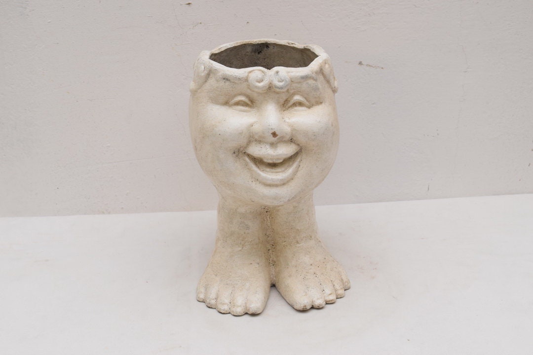 White Funny Flower Pot Cast Iron Face Planter Figurine Sculpture Gift ...