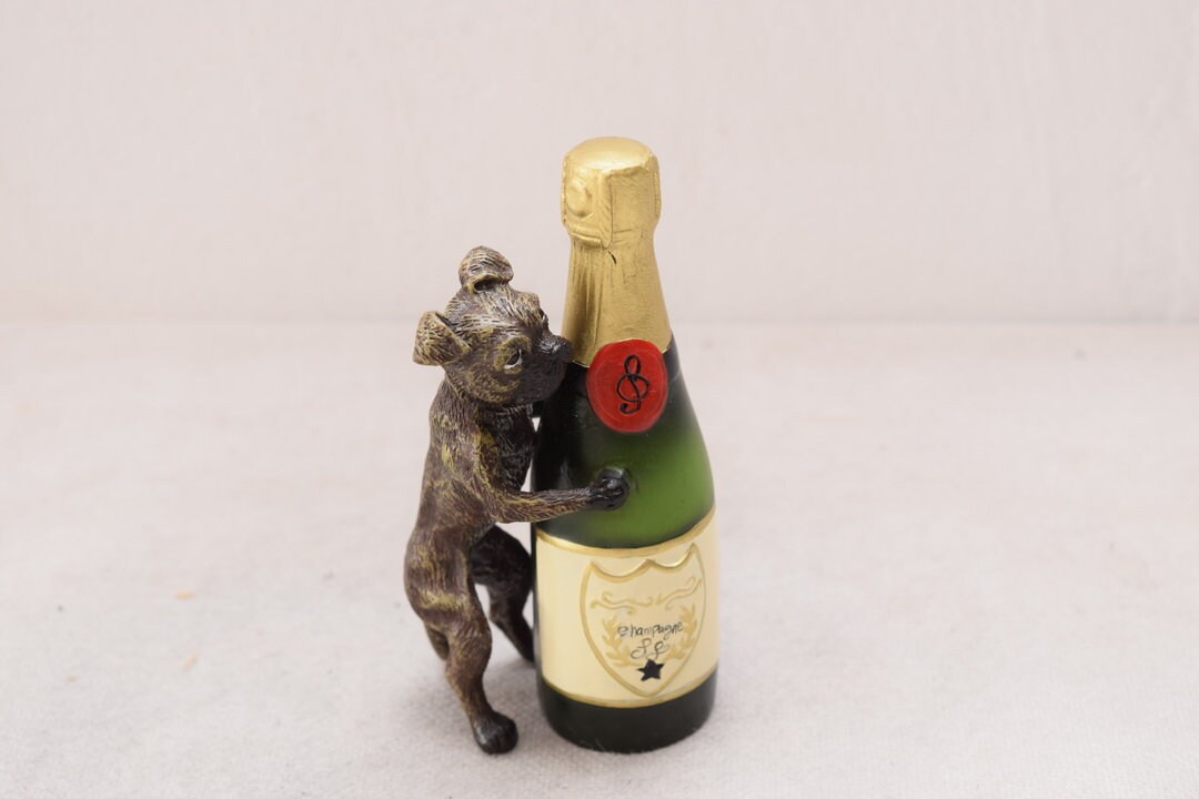 Bergman Bronze Mops Dog & Champagne Bottle - Cold Painted Vienna Bronze ...