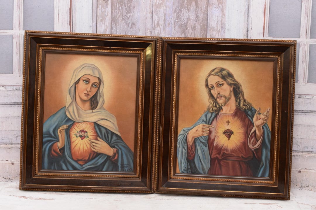 Antique Handmade Paintings Heart of Jesus and the Heart of Mary 2 ...