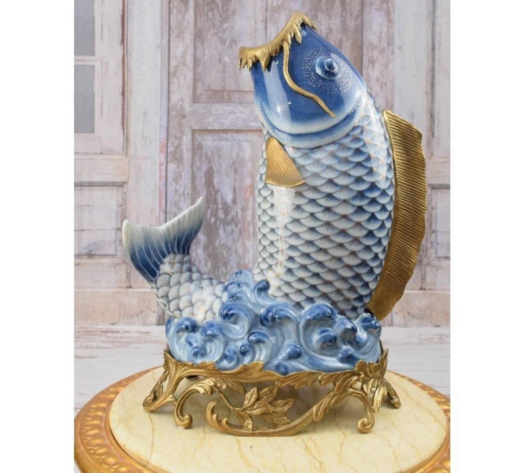 Large Blue Porcelain Flower Pot Fish - Statue Fish Porcelain and Bronze ...