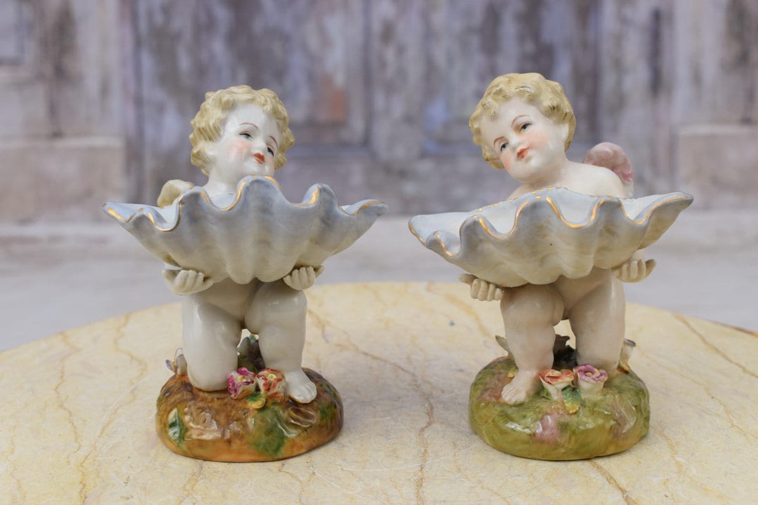 Amazing Pair Porcelain Angels Holding Shells - Porcelain Bowl - Two ...