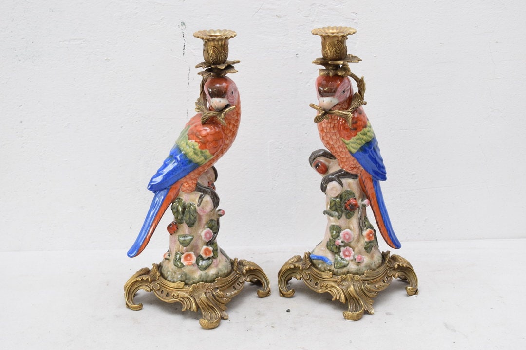 Art Deco Parrot Candlesticks: Porcelain With Bronze Ornaments, Pair - Etsy