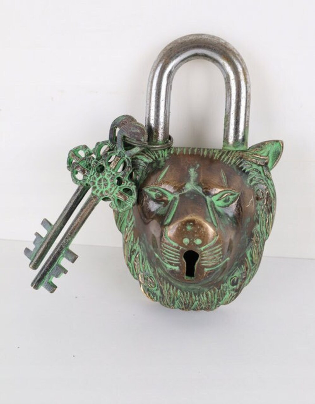 Padlock With Keys - Lion Design - Green Patina - Brass Vintage Lion Pad ...
