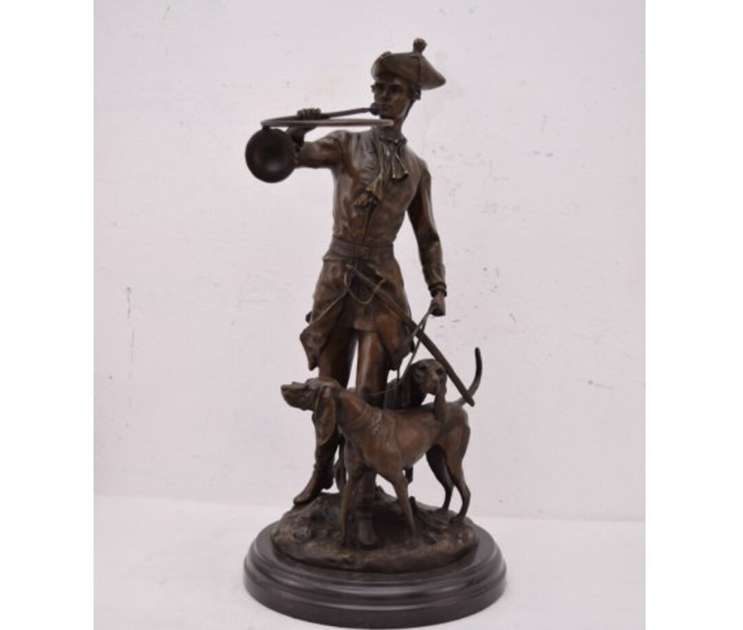 LARGE Hunting Bronze Sculpture on Marble Base Hunter With Greyhounds ...