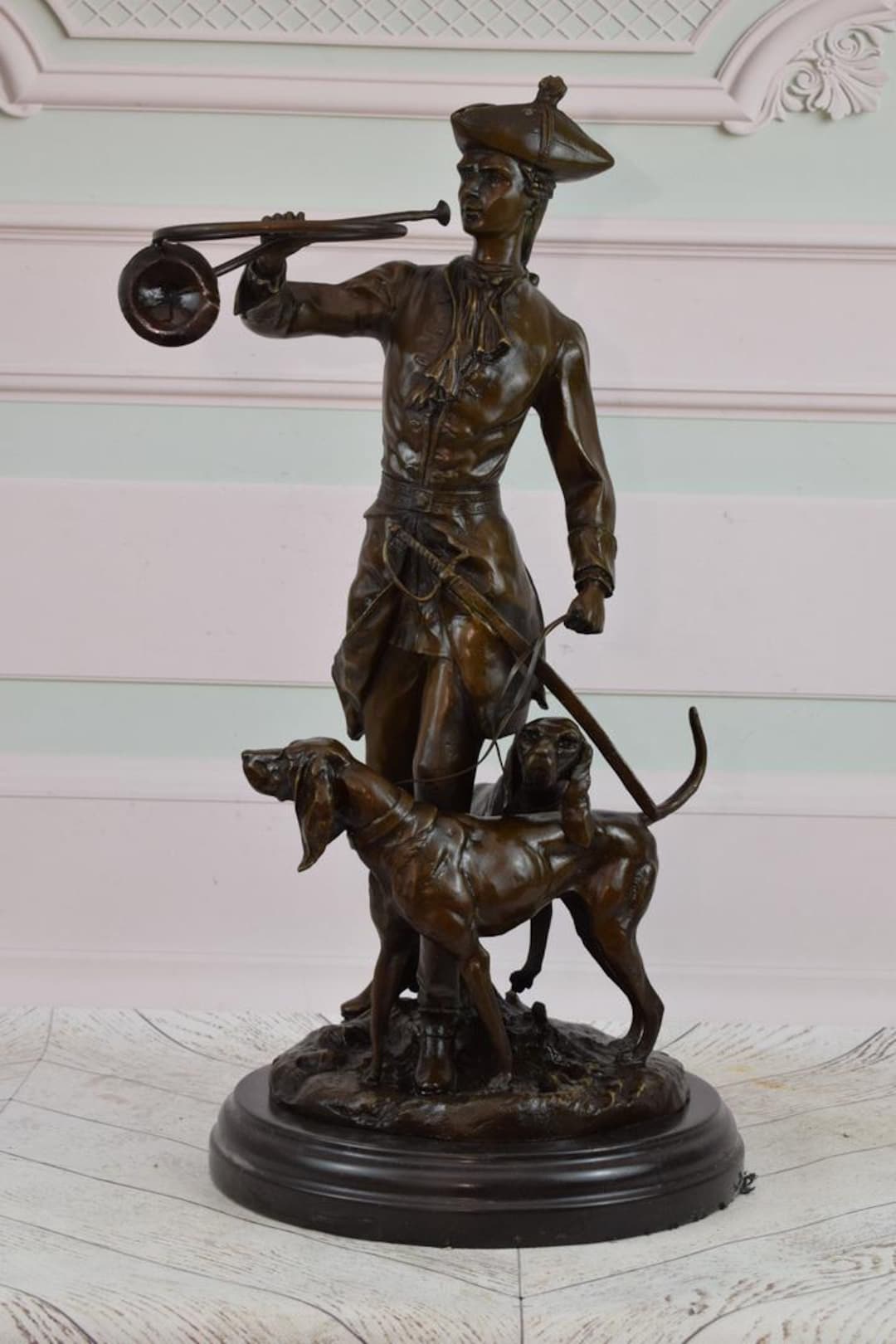 LARGE Hunting Bronze Sculpture on Marble Base - Hunter With Greyhounds ...