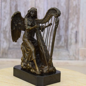 Angel Playing the Harp Bronze Sculpture on Marble Base, Winged Woman ...