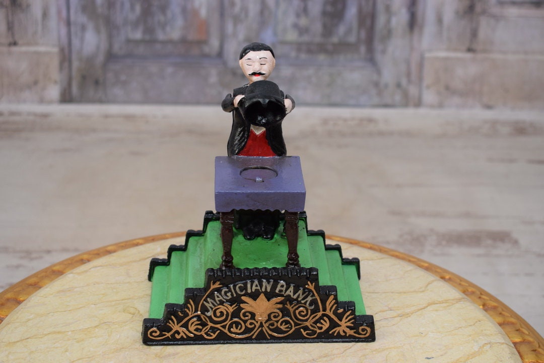 Cast Iron Mechanical Bank - Cast Iron Magic With Hut - Magician Bank ...