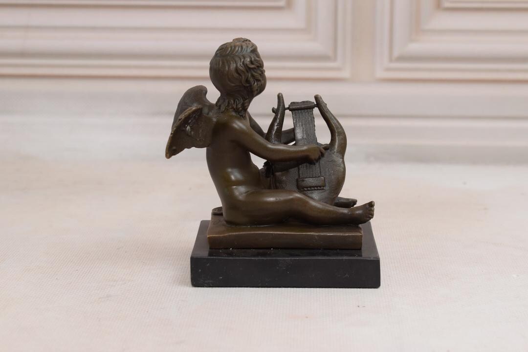 Bronze Angel Harp Sculpture on Marble Base: Winged Cherub Statue - Etsy