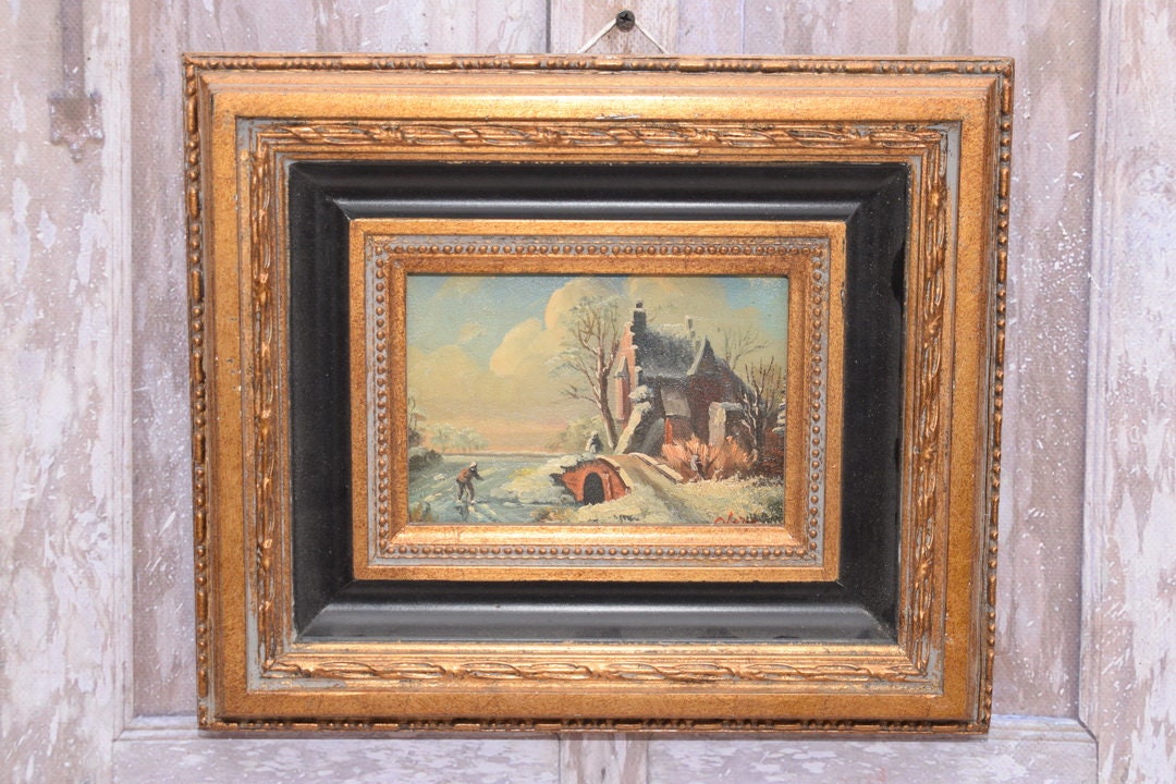 French Landscape - Ice Skating in Winter - Goldene Frame - Wall Decor ...