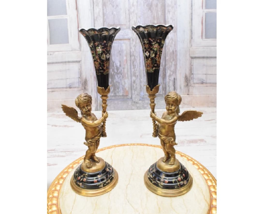 Amazing Black Pair Porcelain With Bronze Candlesticks - Two Angels ...