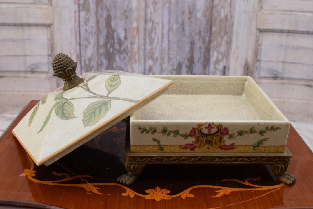 Unique Porcelain Casket Art Nouveau - Floral Design - Bronze Vintage ...