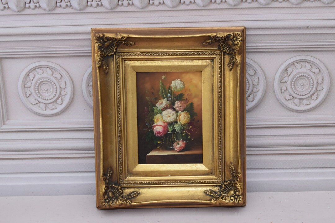 Unique Painting in Golden Frame - Flowers Painting - Oil on Wood - Wall ...