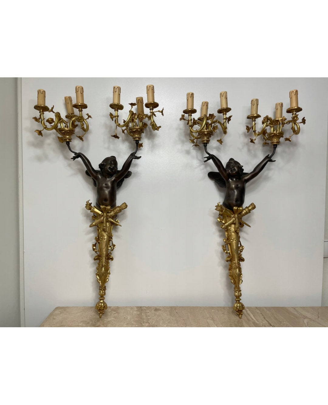 Gilded Bronze Empire Wall Sconces: Angel Candlestick Pair - Etsy