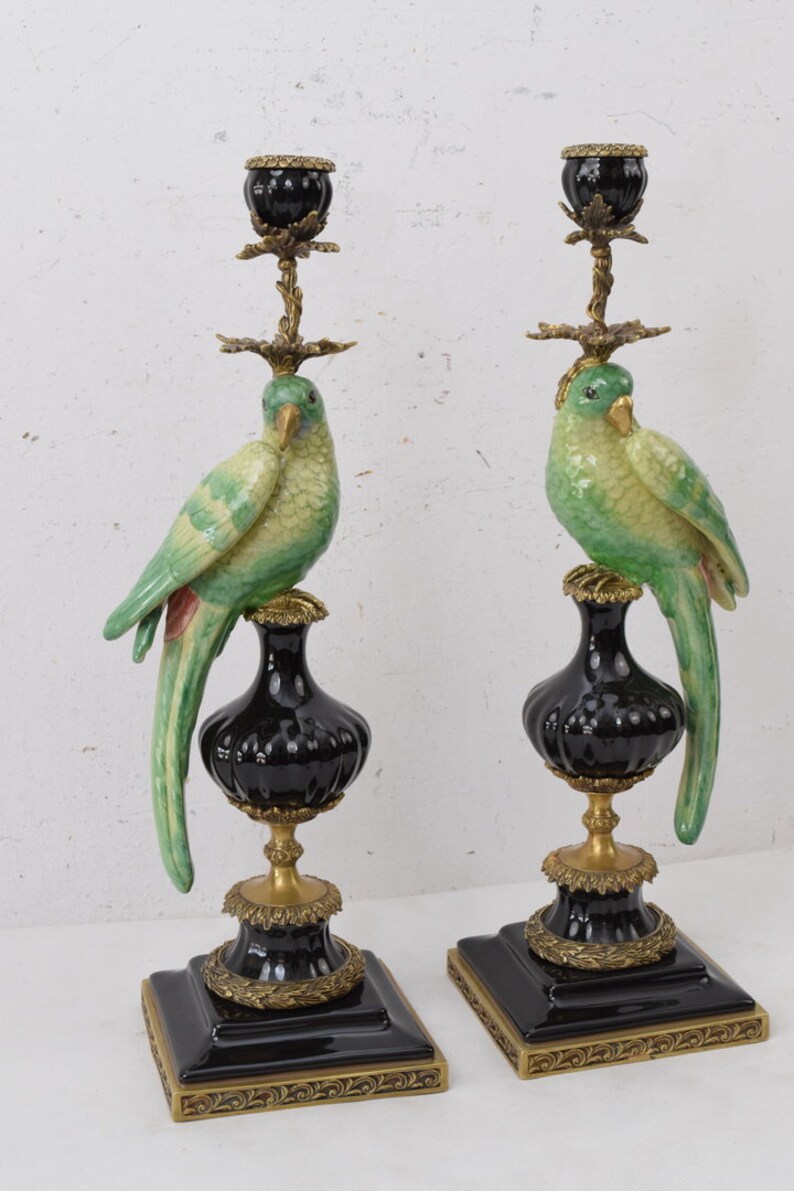 Green Pair Parrots Set Porcelain With Bronze Candlestick - Etsy