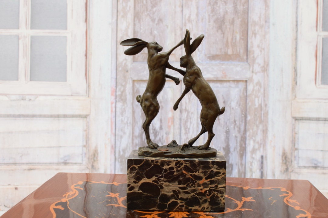 Two Boxing Hares - Hares Bronze Sculpture on Marble Base - Rabbits ...