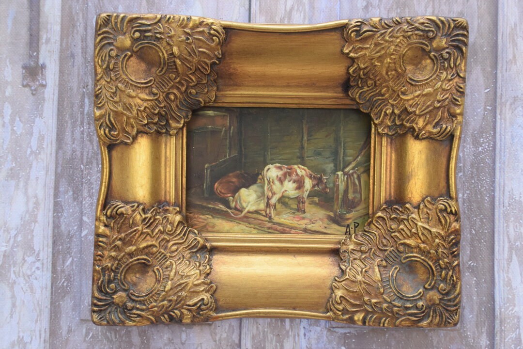 Vintage Painting Cows in the Pasture Gold Frame French Landscape ...