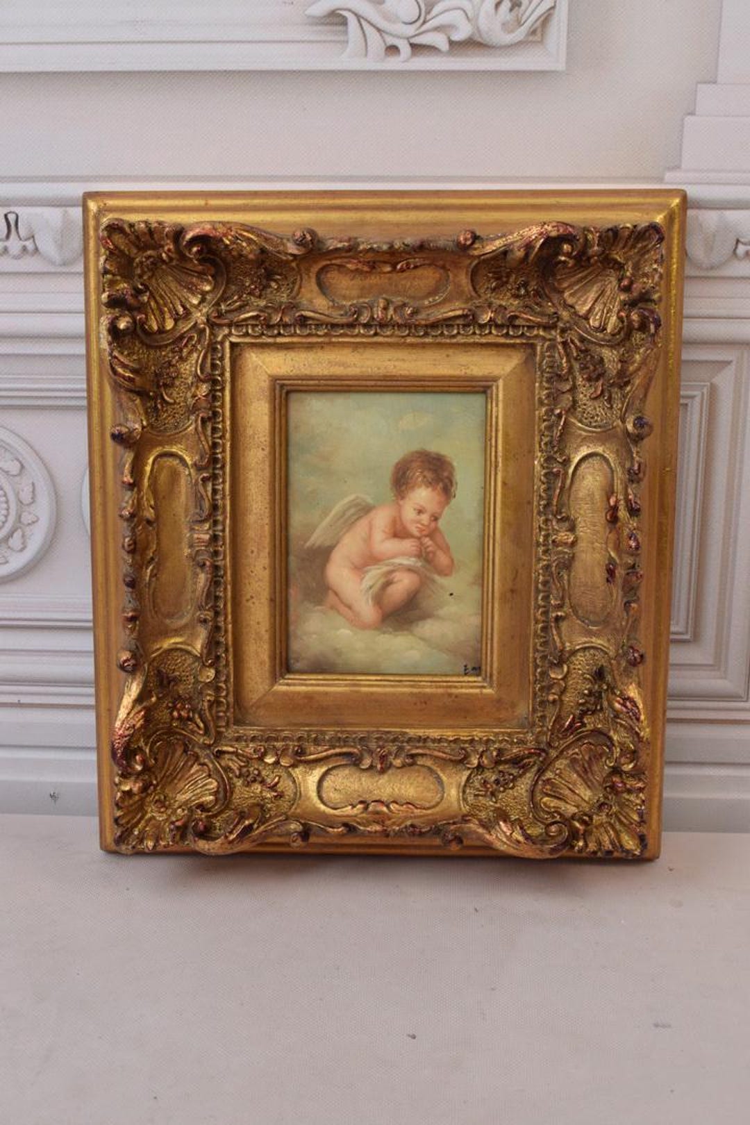 Unique Sacral Painting Painting in Gold Frame Angel Cherub Painting ...