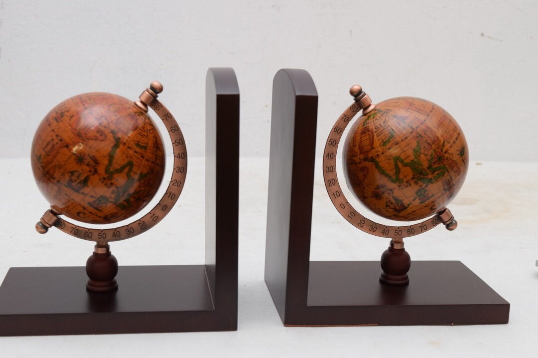 Pair Globe Bookends Globes - Wooden Globe Supports - World Globe Wooden Bookends - Spinning ...