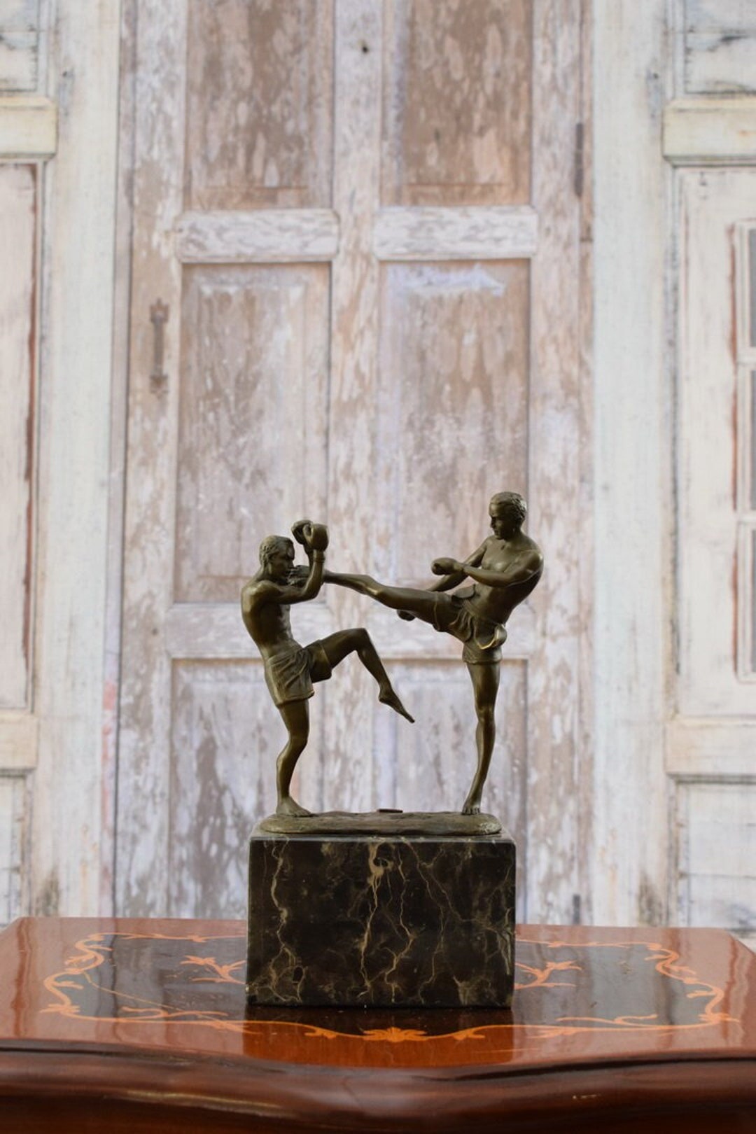 Two Fighting Kickboxers Bronze Sculpture on Marble Base - Sport Box ...
