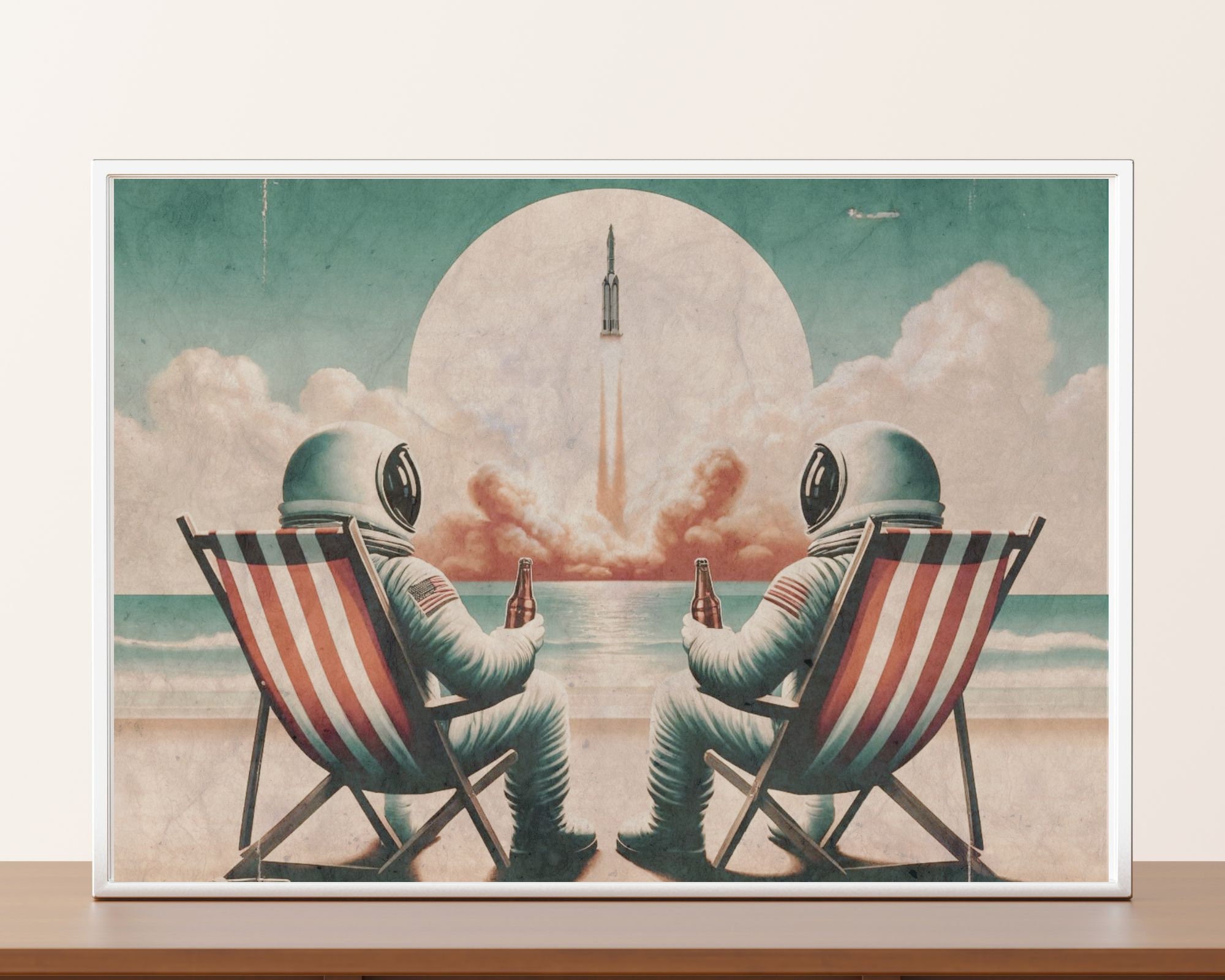 Astronauts and Rocket Launch on the Beach-vintage Distressed Poster ...