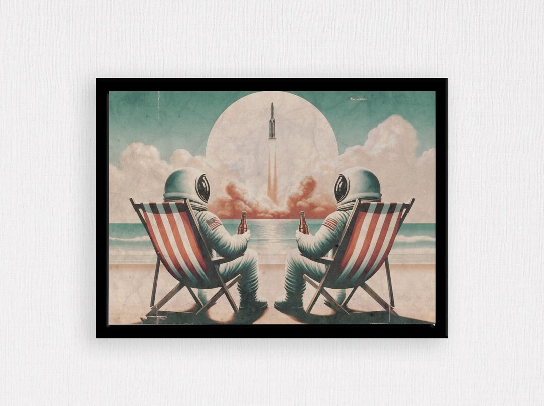 Astronauts and Rocket Launch on the Beach-vintage Distressed Poster ...