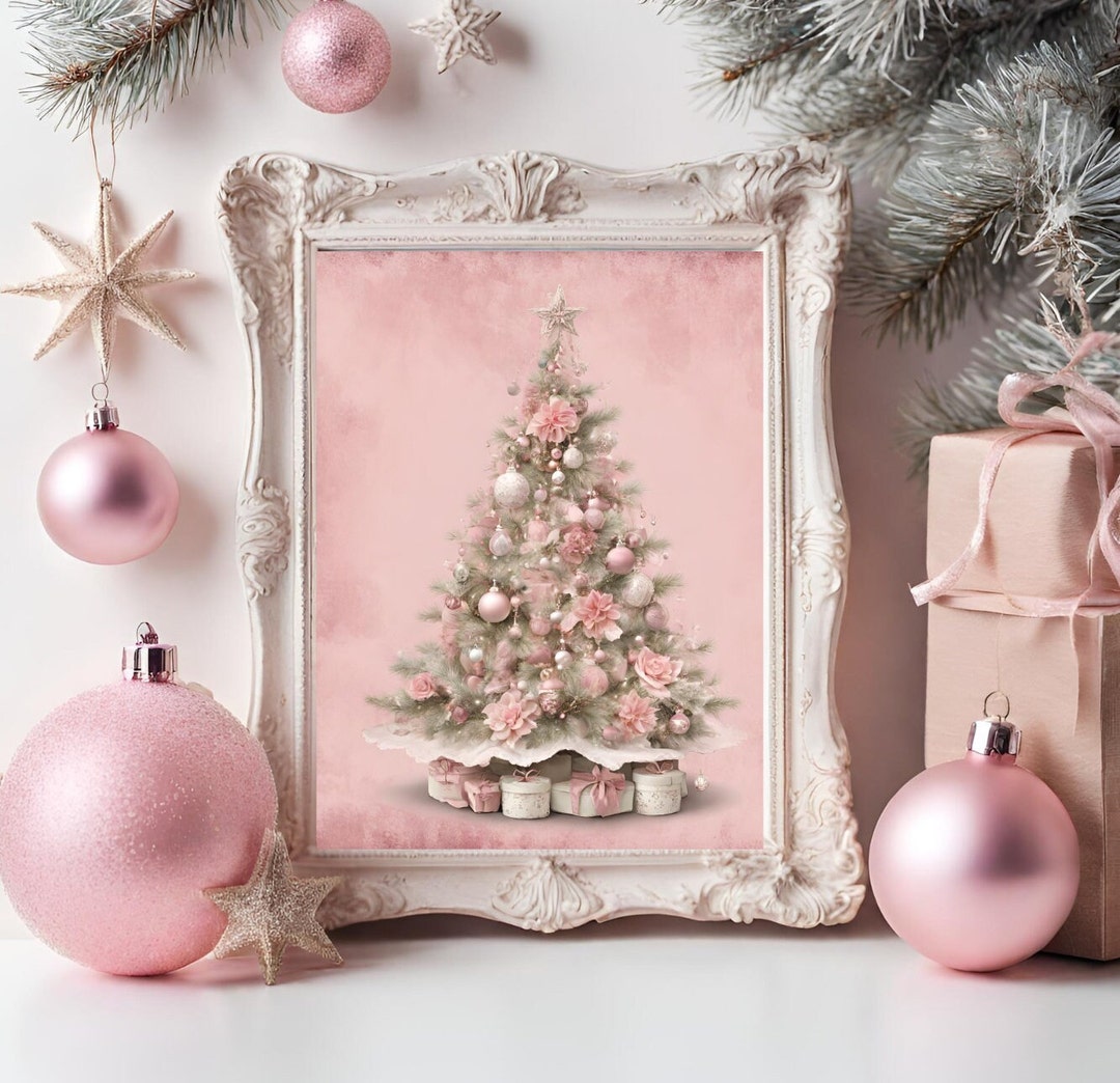 Shabby Chic Vintage Christmas Wall Art Pink Christmas Tree Instant ...