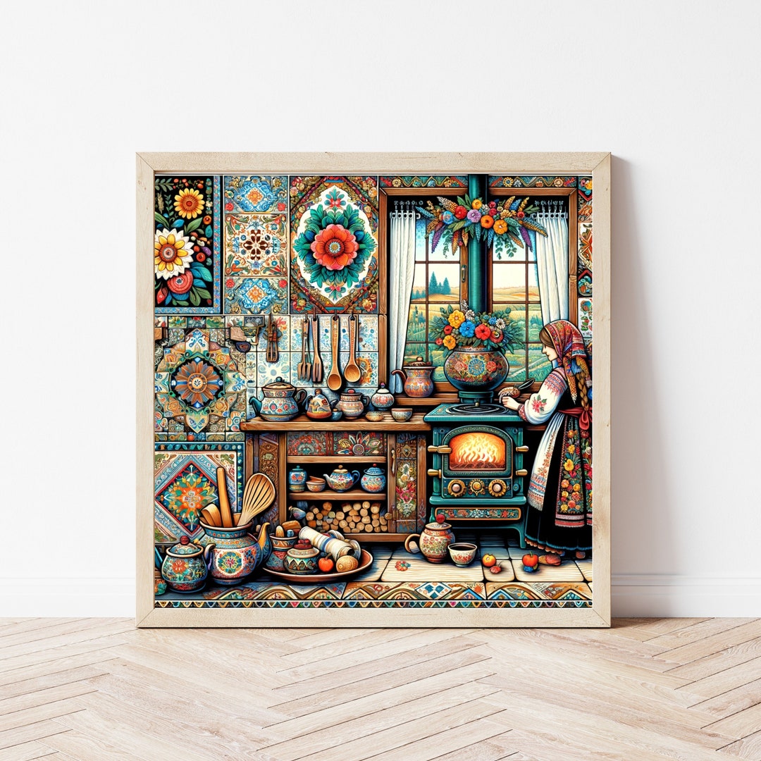 Traditional European Folk Art Kitchen Poster Vibrant Home Decor Folk ...