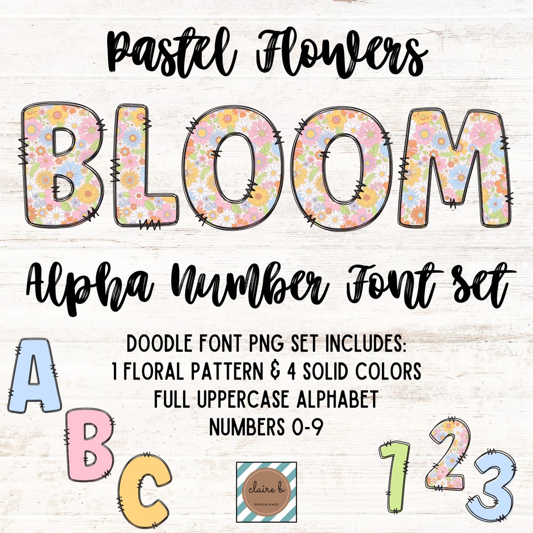 Pastel Flowers/solid Doodle Font Alphabet Numbers Set With 180 PNG ...