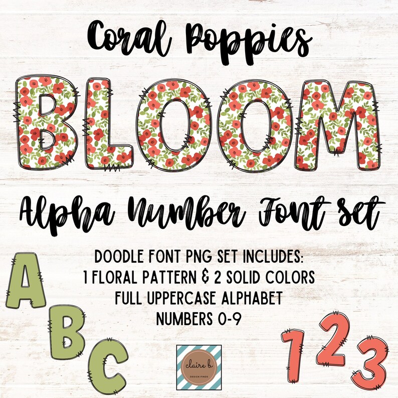 Coral Poppies/solid Doodle Font Alphabet Numbers Set With 108 PNG ...